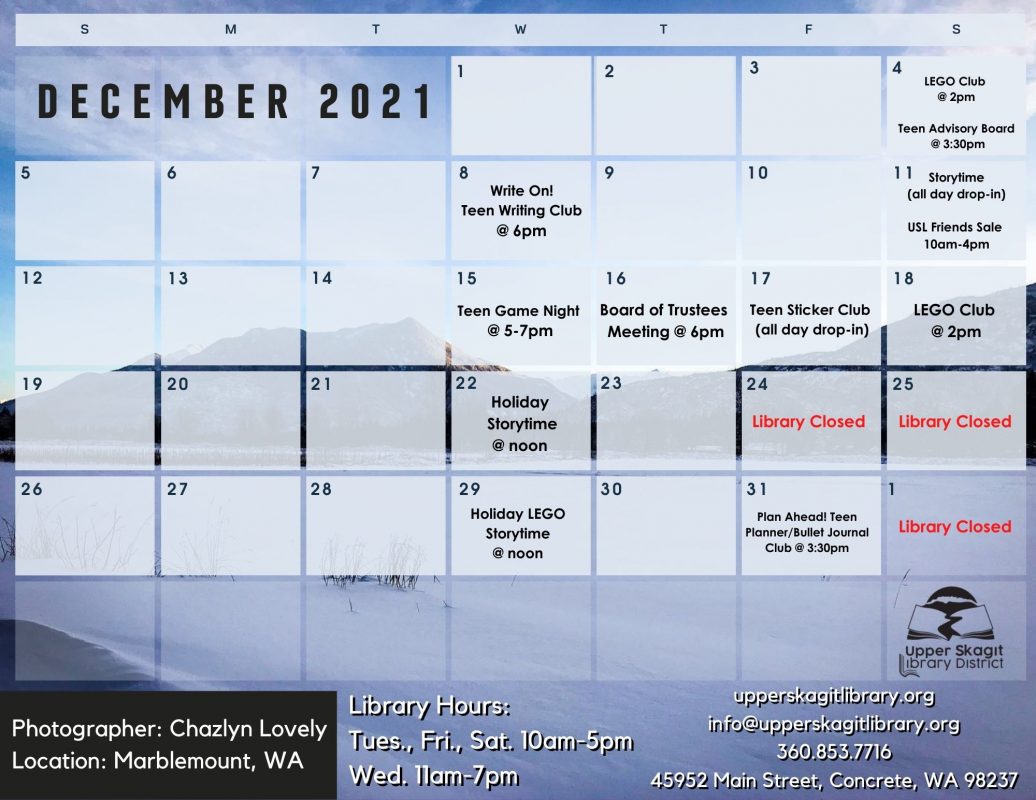 Our December 2021 Calendar is available! – Upper Skagit Library